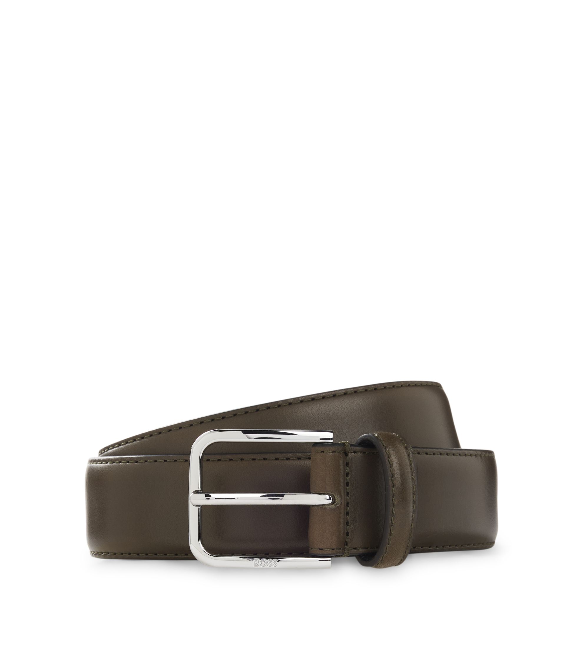 BOSS BOSS Leather Business Belt with Polished Silver Buckle